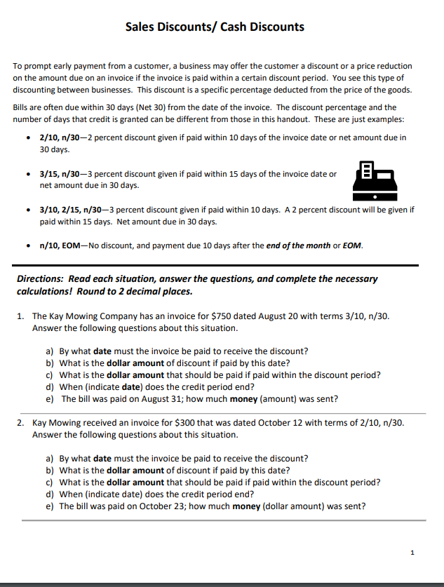 Solved Sales Discounts/ Cash Discounts To prompt early | Chegg.com