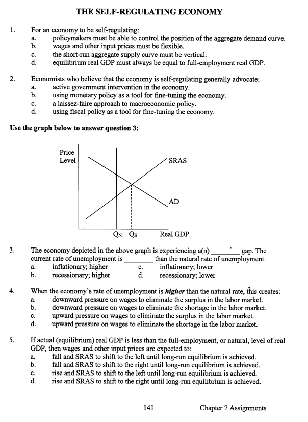 Solved 1. For an economy to be self-regulating: a. | Chegg.com
