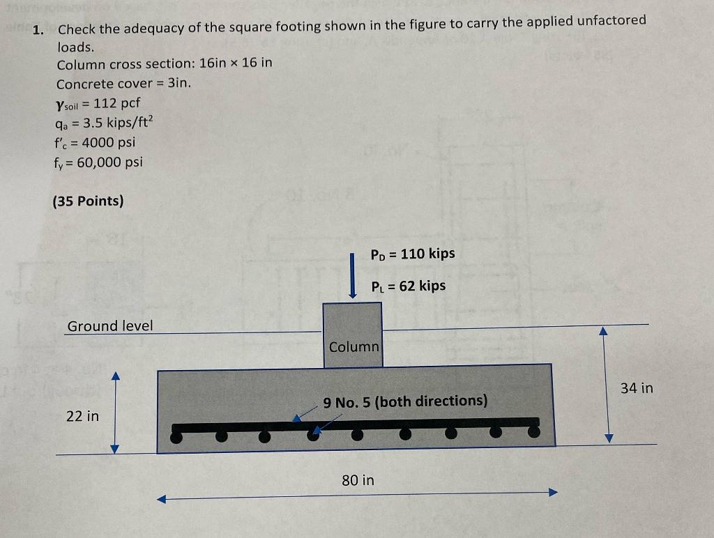 Solved 1. Check the adequacy of the square footing shown in | Chegg.com