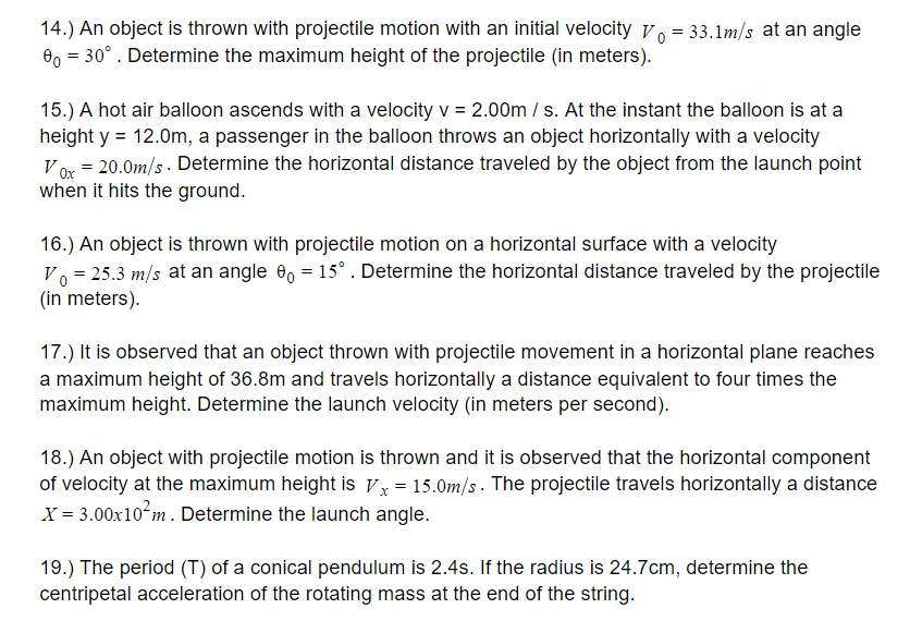 Solved 14.) An object is thrown with projectile motion with | Chegg.com