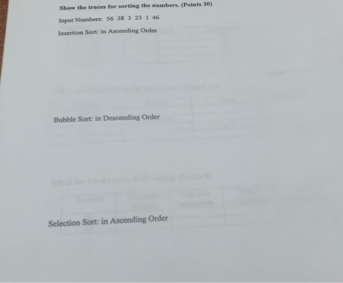 Solved Show the traces for sorting the numbers. (Points 30) | Chegg.com
