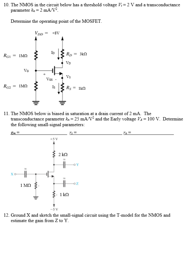 Solved 10. The NMOS in the circuit below has a threshold | Chegg.com