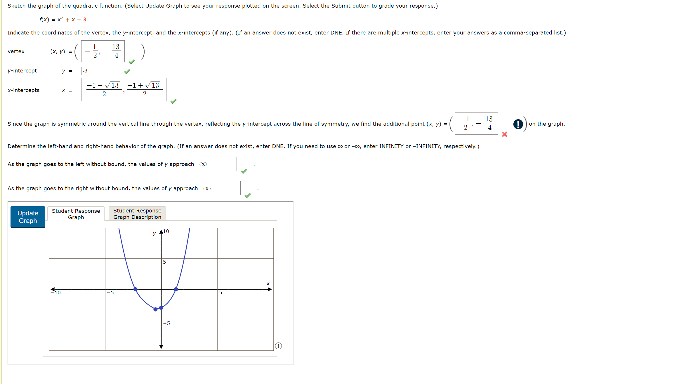 Solved f(x)=x2+x−3 -intercept -intercepts | Chegg.com