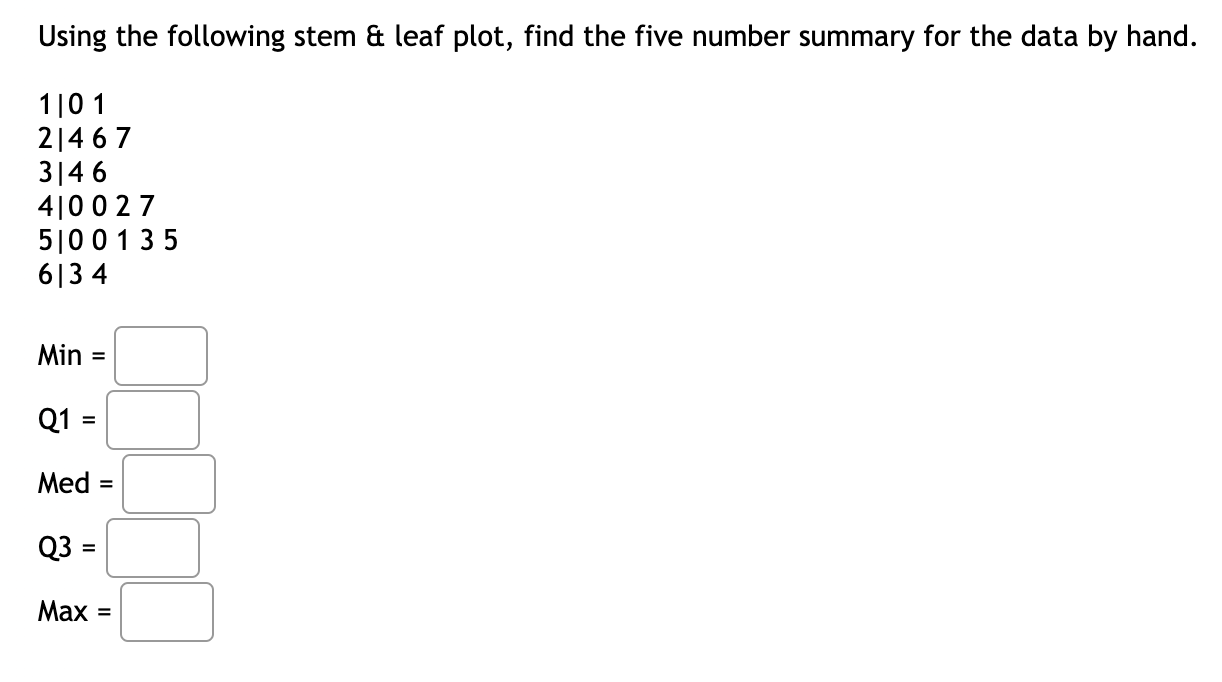 Solved Using the following stem & leaf plot, find the five | Chegg.com