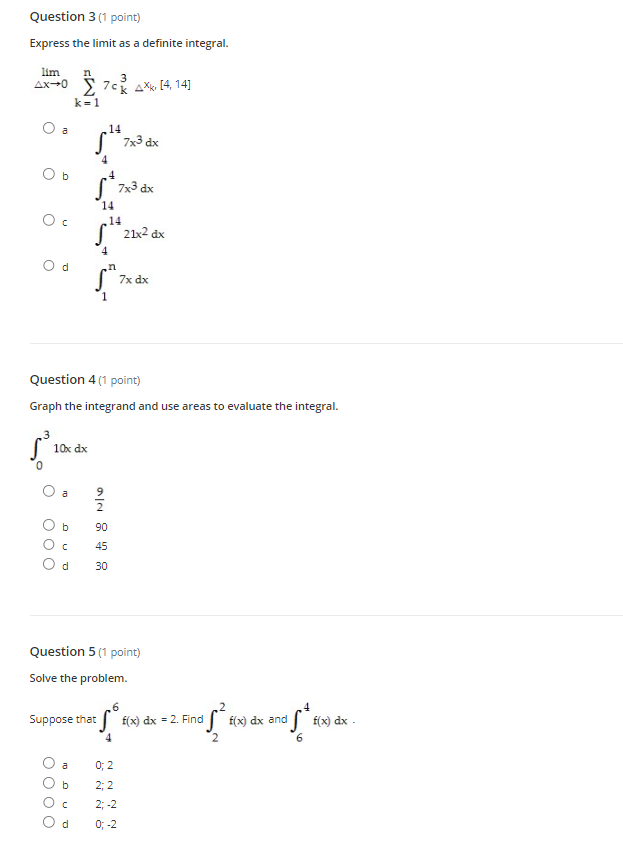 Solved Question 3 (1 ﻿point)Express the limit as a definite | Chegg.com