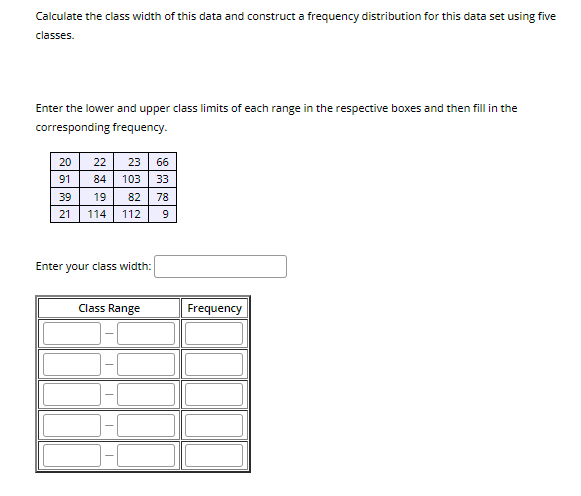 Solved Calculate the class width of this data and construct | Chegg.com