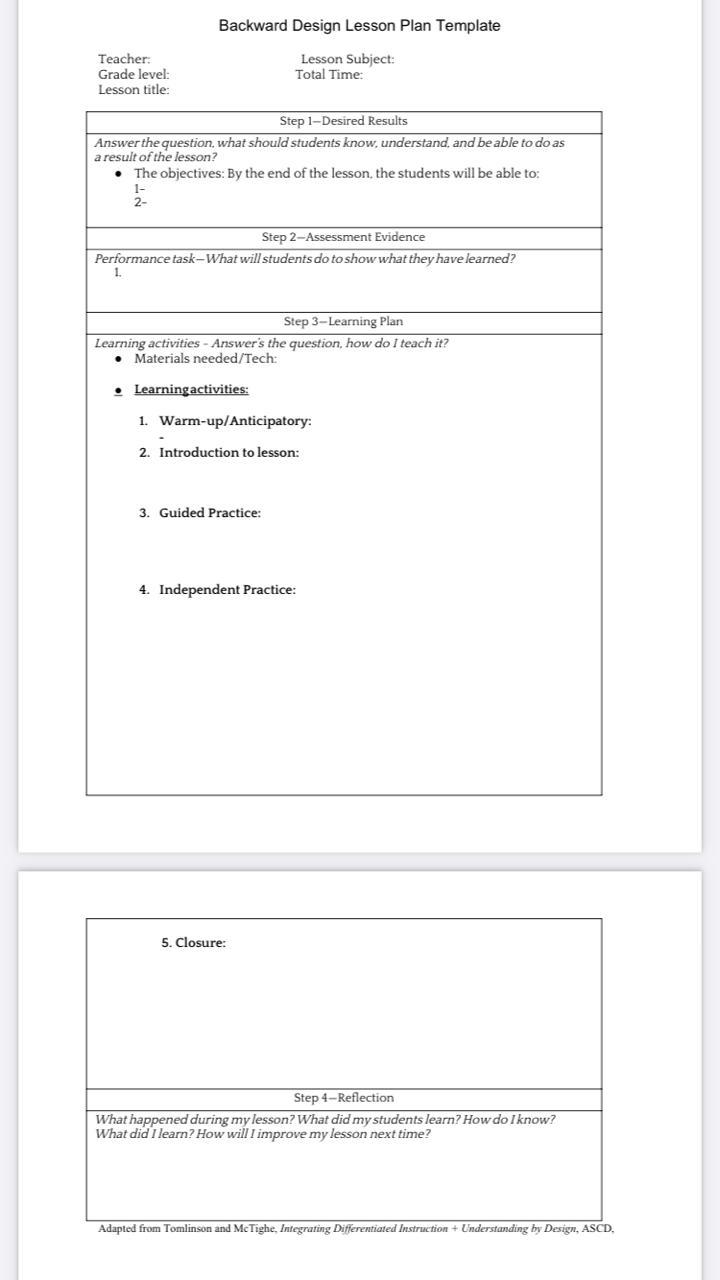 Question: Design a backward lesson plan for the | Chegg.com