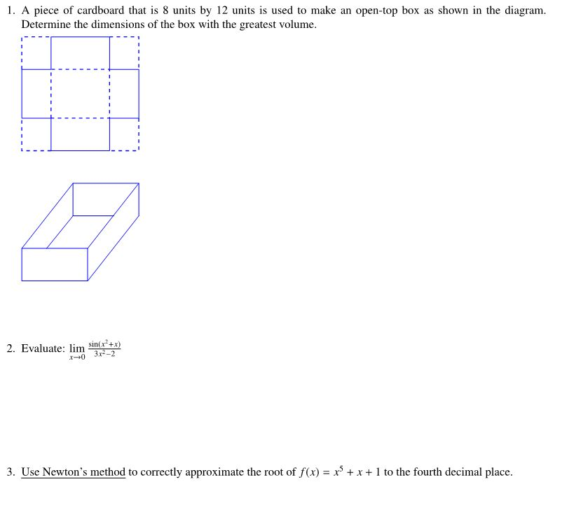 Solved 1. A piece of cardboard that is 8 units by 12 units | Chegg.com