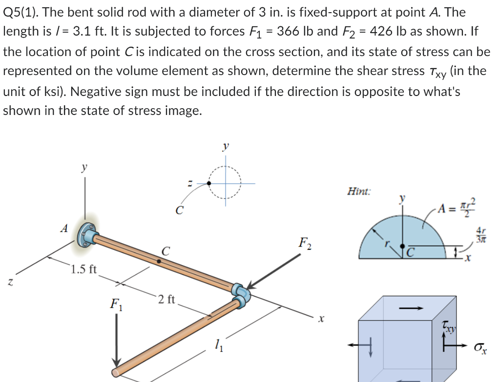 Solved Q5(1). The bent solid rod with a diameter of 3 in. is | Chegg.com