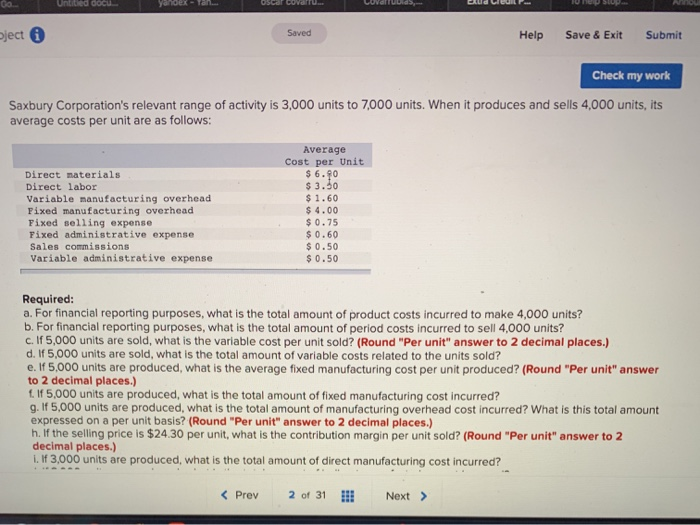 Solved ject Saved Help Save &Exit Submit Check my work | Chegg.com