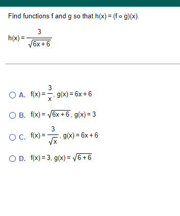 Solved Find functions f and g so that h(x)=(f∘g)(x). | Chegg.com