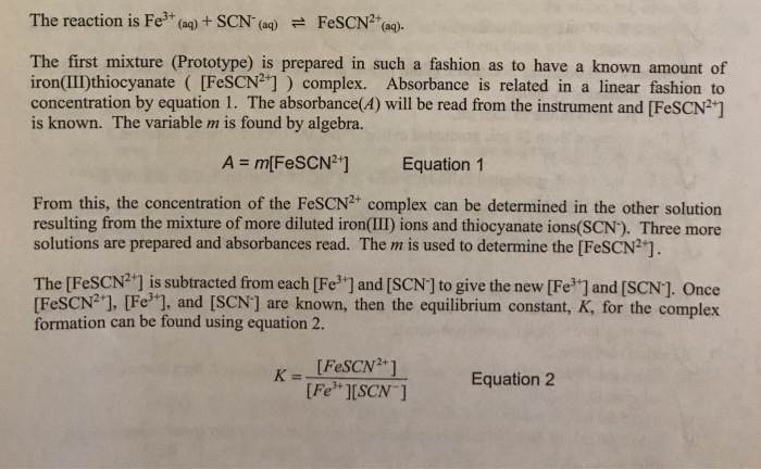 Solved The reaction is Fe3+ (aq) + SCN-(aq) FeSCN2+(aq). The | Chegg.com