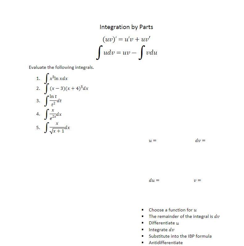 Solved Integration by Parts (uv)' = u'v + uv' ſ udy = UV w- | Chegg.com