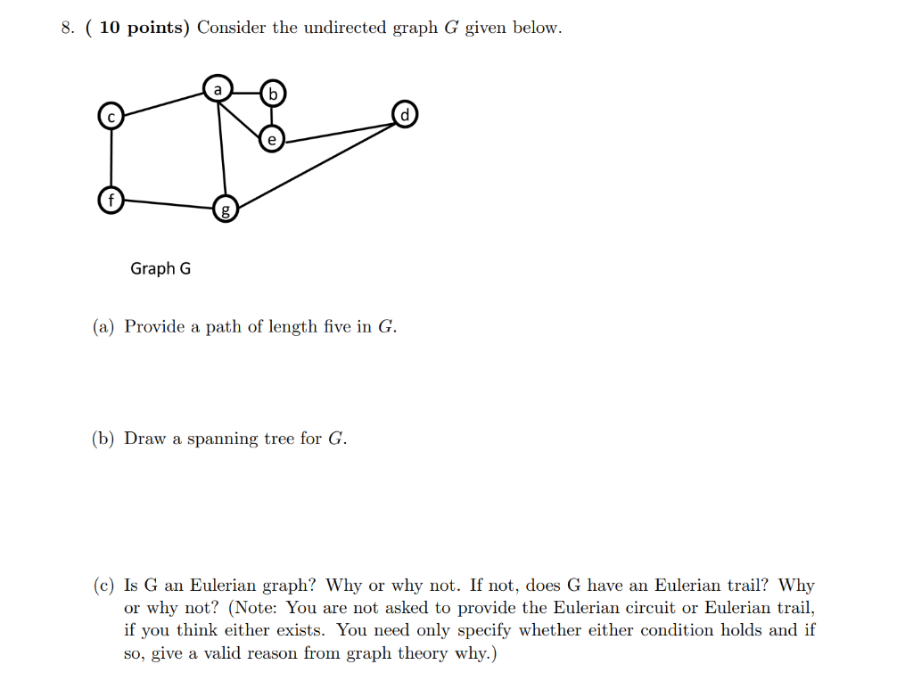 Solved 8. ( 10 points) Consider the undirected graph G given | Chegg.com