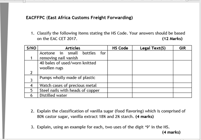 Solved EACFFPC (East Africa Customs Freight Forwarding) 1. | Chegg.com