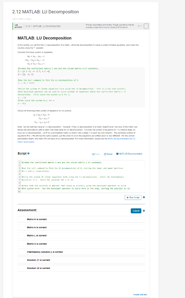 Solved MATLAB: LU Decomposition In this activity you wil | Chegg.com