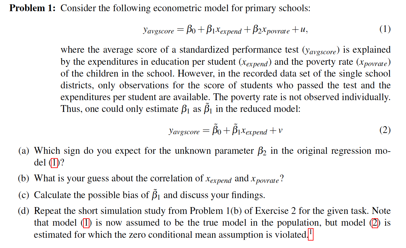 Problem 1: Consider the following econometric model | Chegg.com