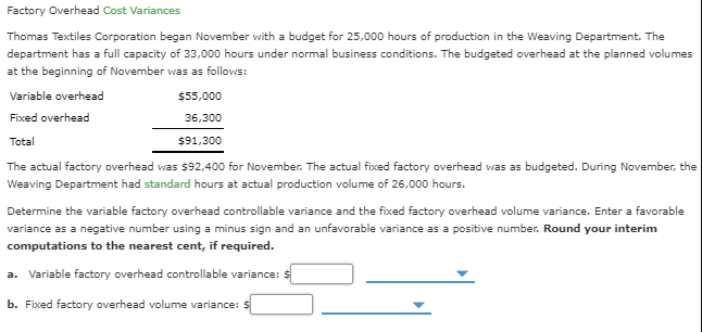 Solved Total Factory Overhead Cost Variances Thomas Textiles | Chegg.com
