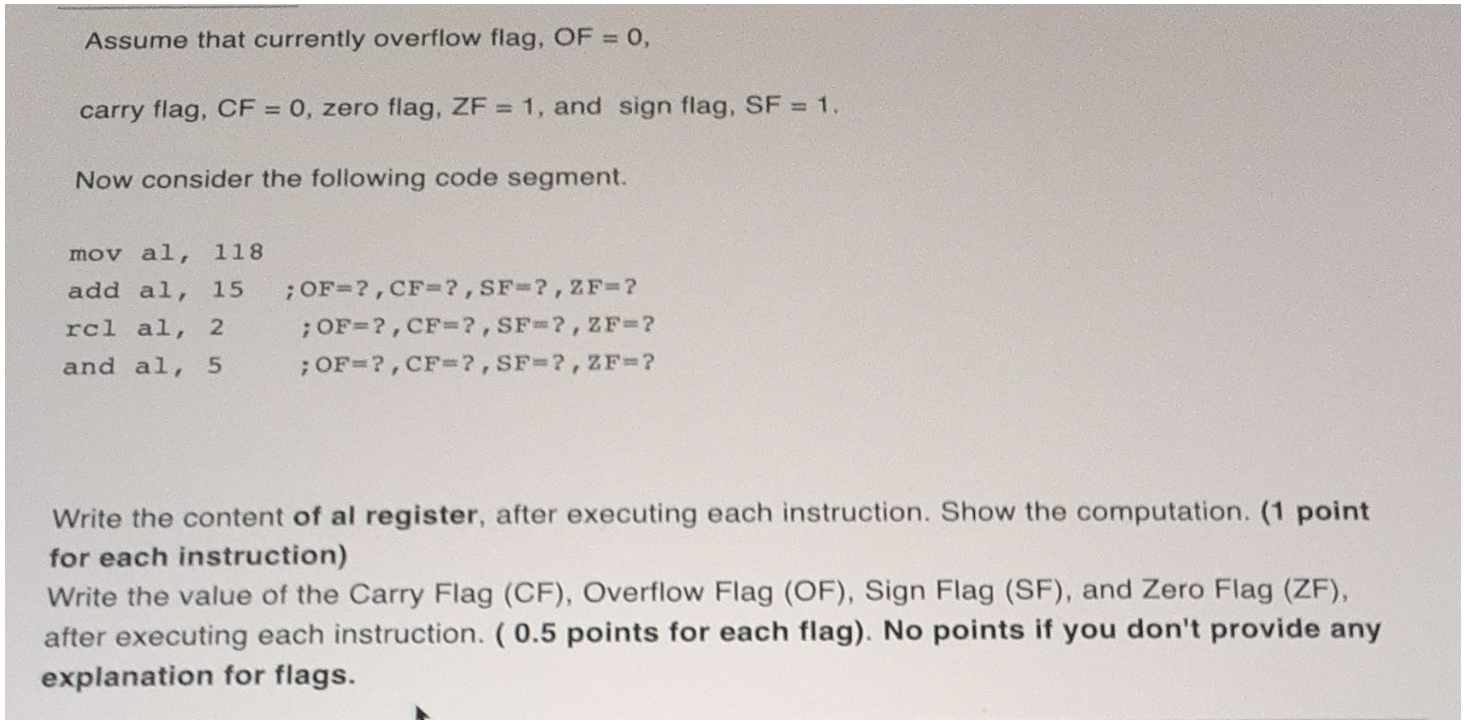 Solved Assume that currently overflow flag, OF=0, carry | Chegg.com
