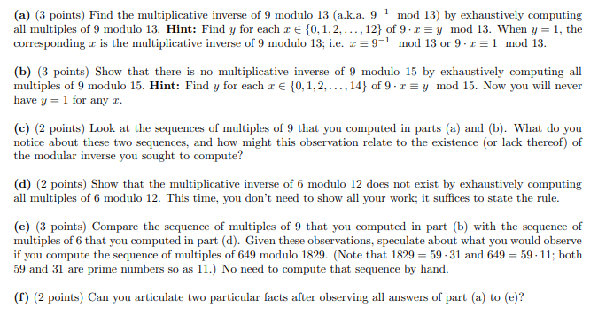 Solved (a) (3 points) Find the multiplicative inverse of 9 | Chegg.com
