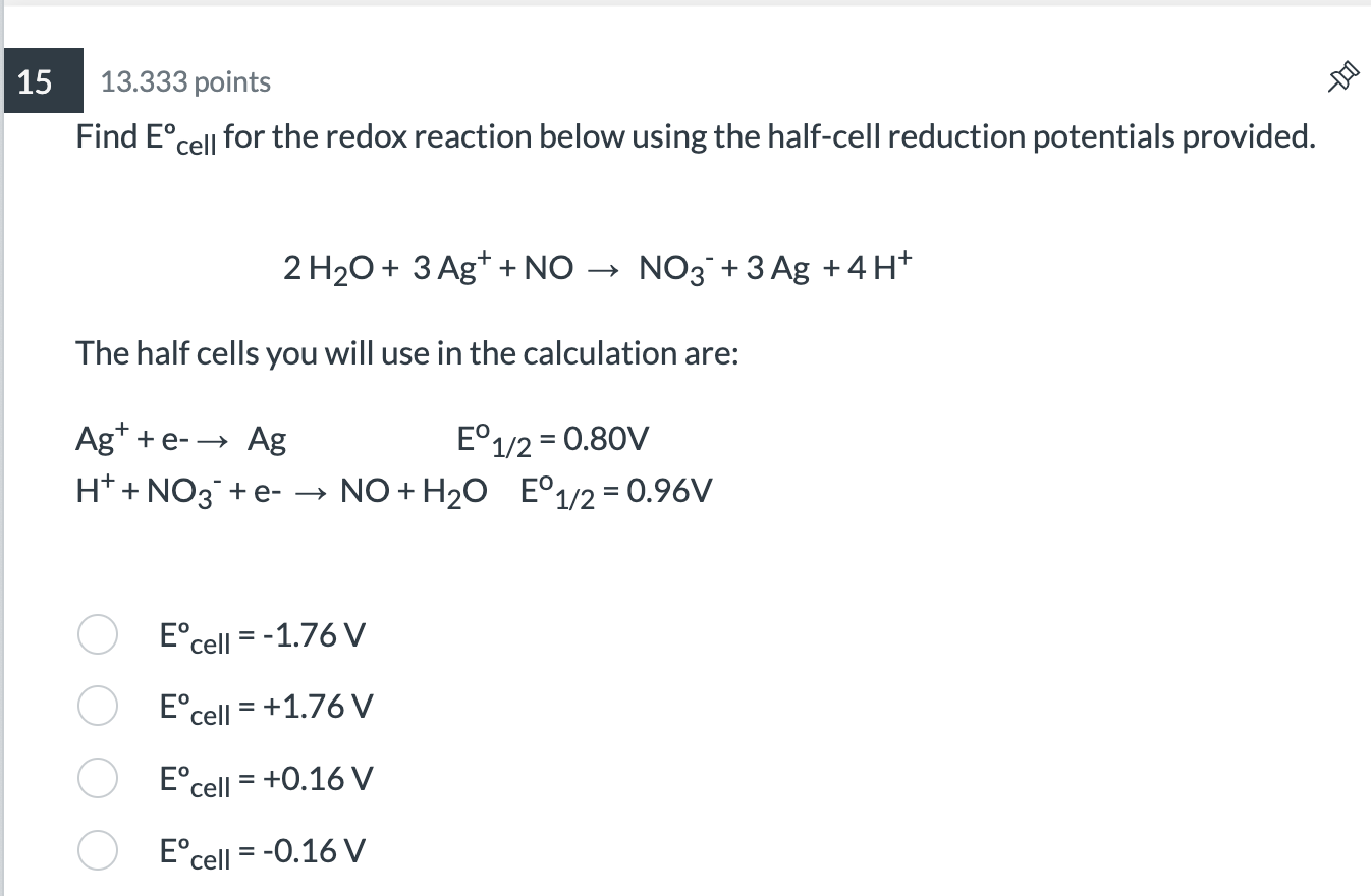 Solved Find Eºcell for the redox reaction below using the | Chegg.com