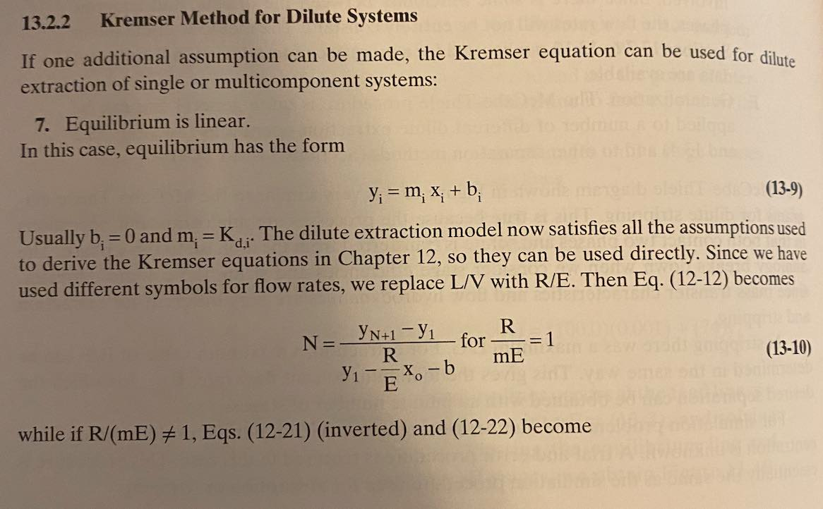 Solved 13.2.2 Kremser Method for Dilute Systems If one | Chegg.com