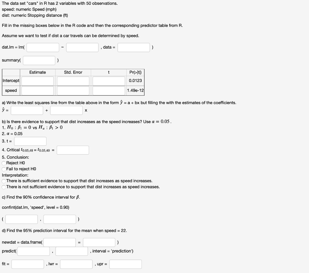 Solved The data set "cars" in R has 2 variables with 50 | Chegg.com
