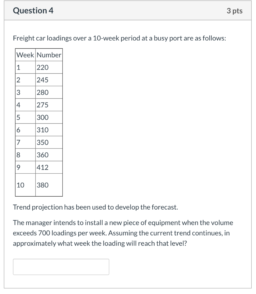 Solved Question 4 3 pts Freight car loadings over a 10-week | Chegg.com