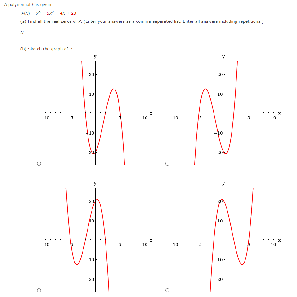 Solved A polynomial P is given. P(x) = x3 – 5x2 - 4x + 20 | Chegg.com