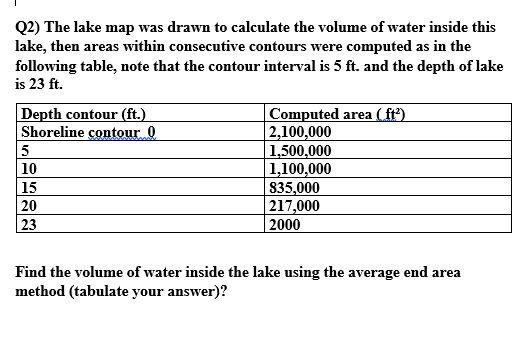 Solved Q2) The lake map was drawn to calculate the volume of | Chegg.com