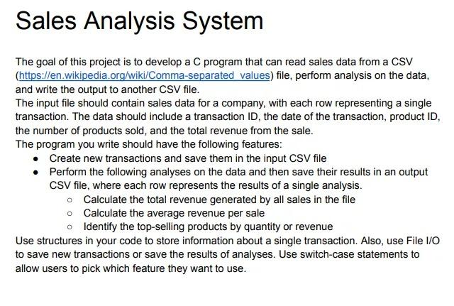 Solved Sales Analysis System The goal of this project is to | Chegg.com
