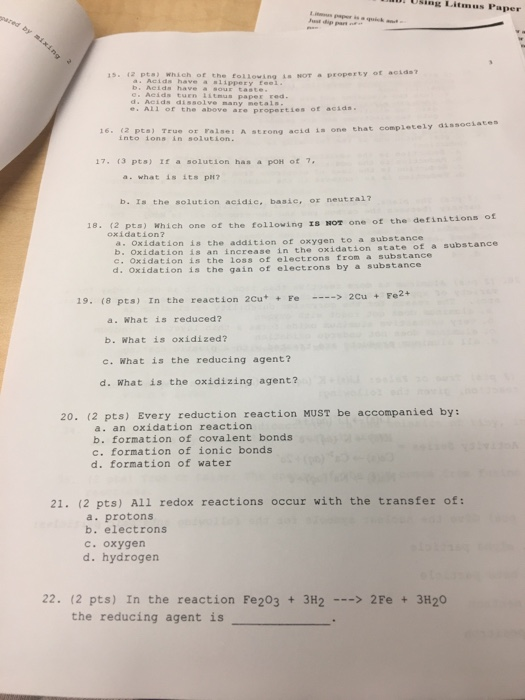 Solved sing Litmus Paper Just dip par 15. (2 pts) which of | Chegg.com