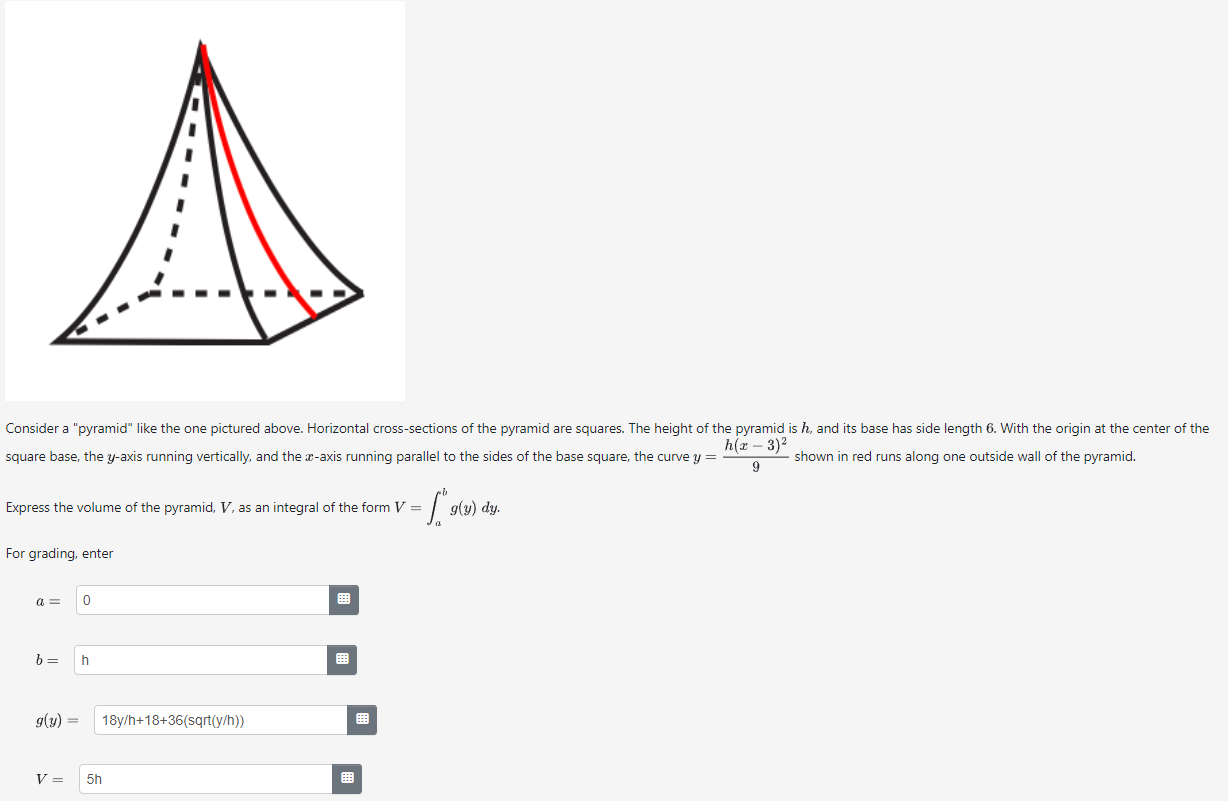 Solved Express the volume of the pyramid, V, as an integral | Chegg.com