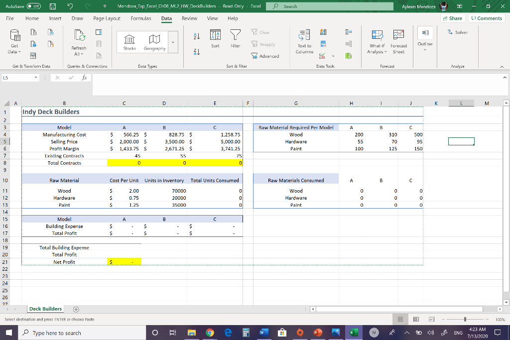 Exp19_Excel_Ch06_ML2_Deck_Builders Project | Chegg.com