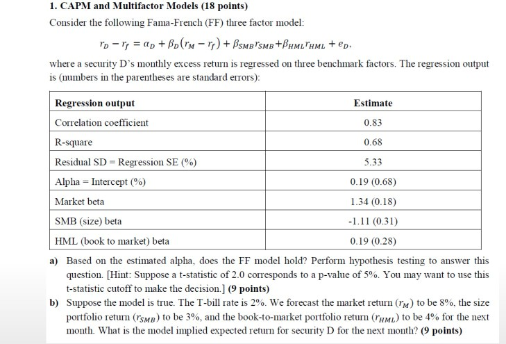 1. CAPM and Multifactor Models (18 points) Consider | Chegg.com
