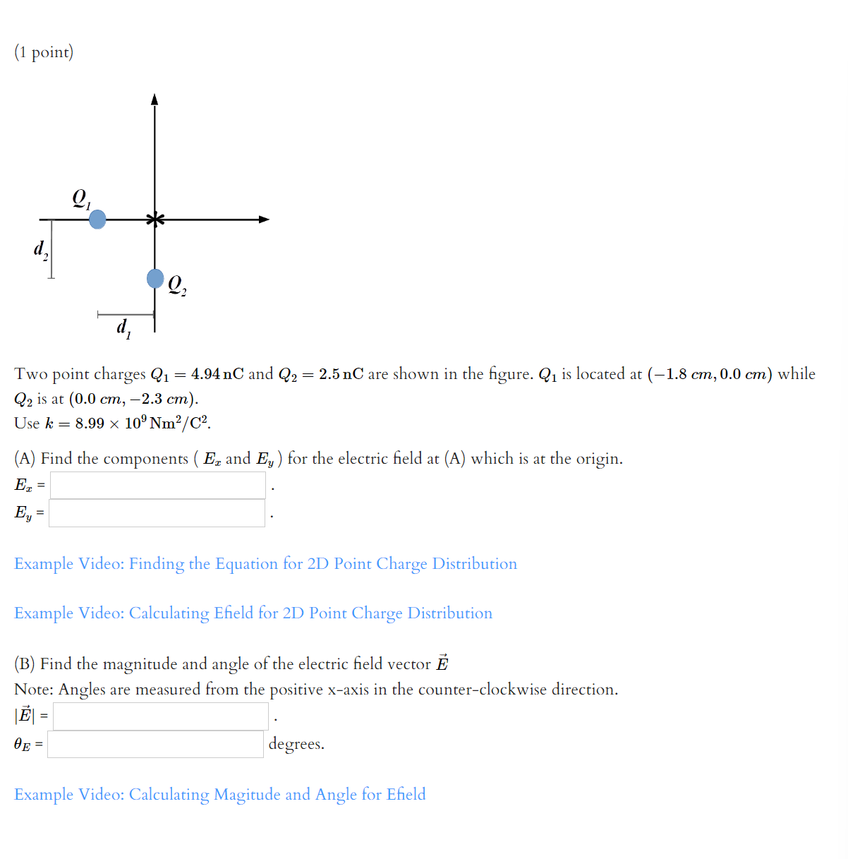 Solved (1 point) Two point charges Q1=4.94nC and Q2=2.5nC | Chegg.com