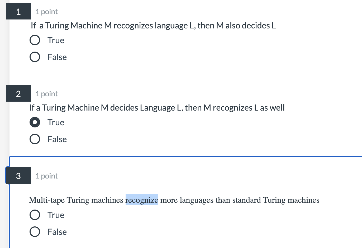 Solved 1 1 point If a Turing Machine M recognizes language | Chegg.com