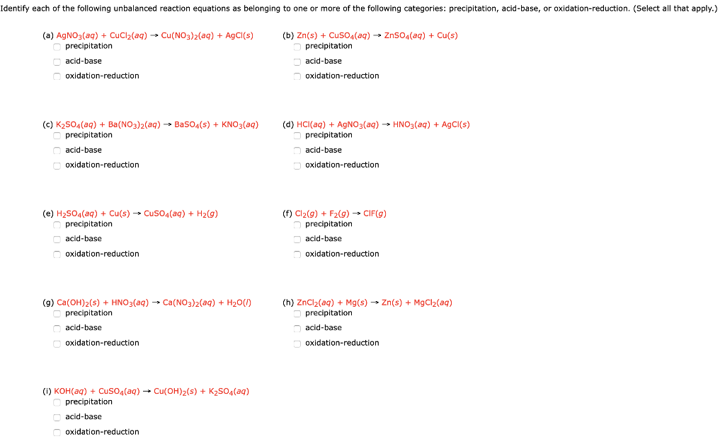 Solved Identify Each Of The Following Unbalanced Reaction