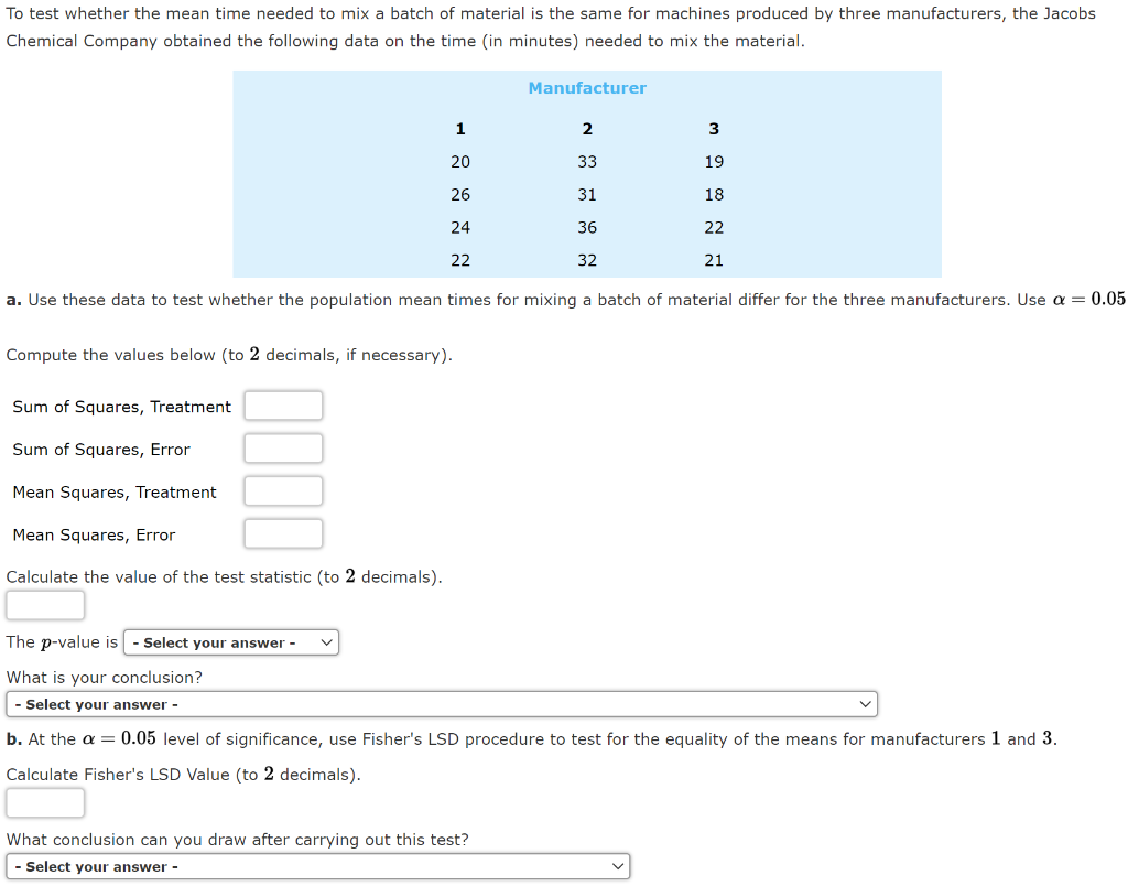 Solved To test whether the mean time needed to mix a batch | Chegg.com
