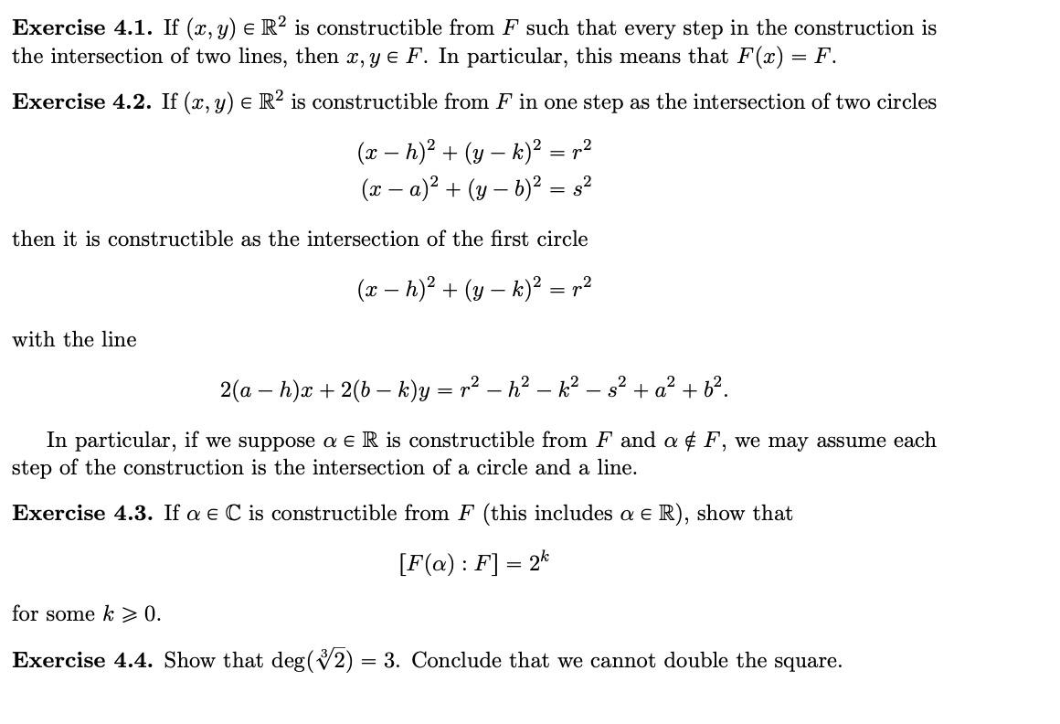 Solved Exercise 4.1. If (x, y) € R2 is constructible from F | Chegg.com