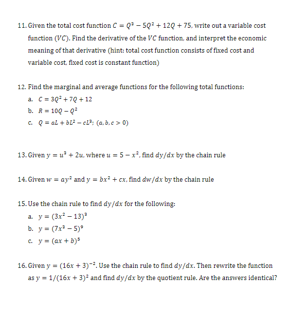 Solved a 11. Given the total cost function C = Q3 - 5Q2 + | Chegg.com