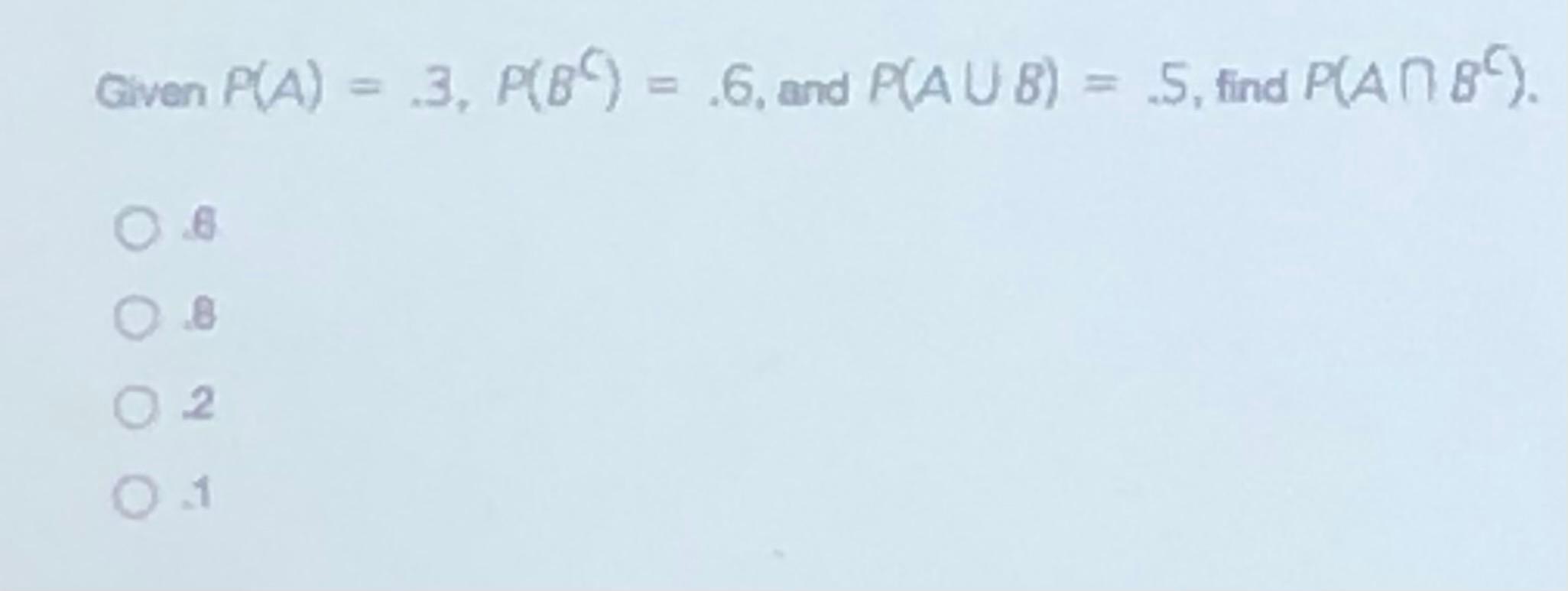 Solved Given P(A) = 3, P(89) = .6, and P(AUB) = 5, find P(An | Chegg.com