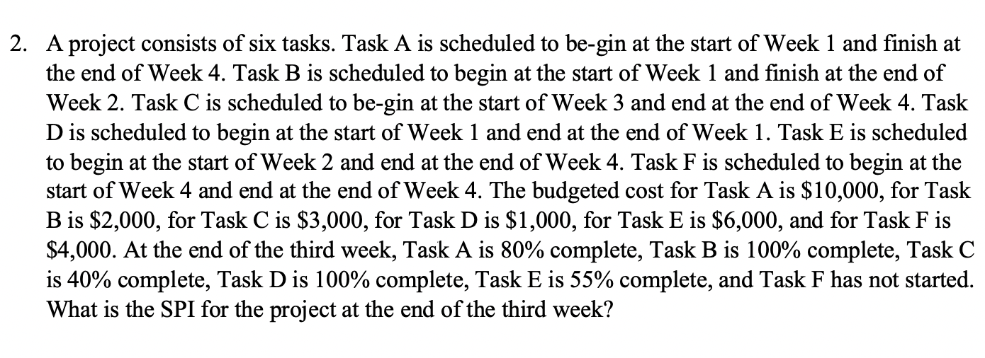 Solved 2. A project consists of six tasks. Task A is | Chegg.com
