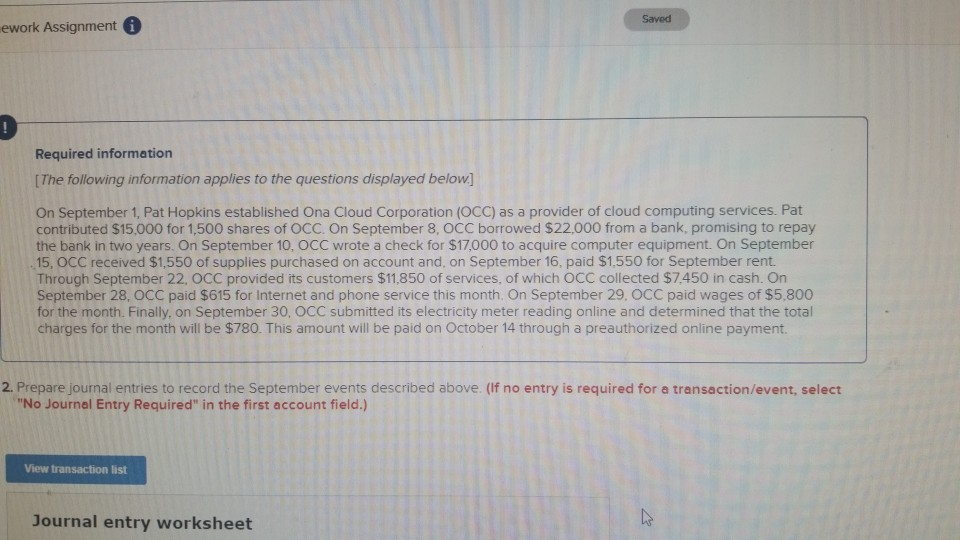 Solved Saved ework Assignmenti Required information [The | Chegg.com