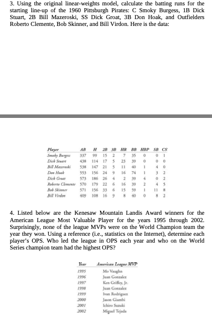 3. Using the original linear-weights model, calculate | Chegg.com