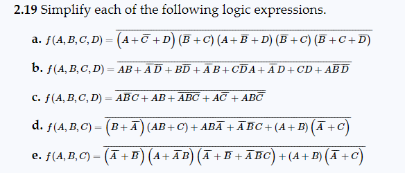 Solved 2.19 Simplify each of the following logic | Chegg.com