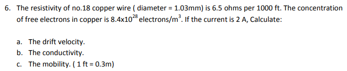 Solved 6. The resistivity of no.18 copper wire ( diameter = | Chegg.com