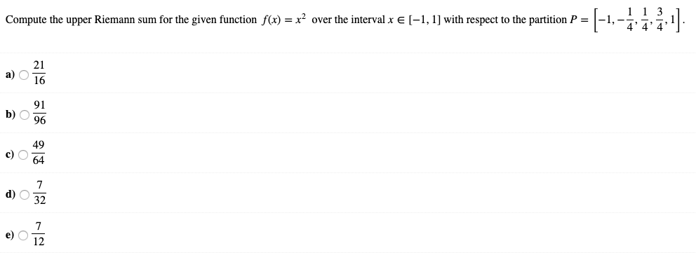 Solved Compute the upper Riemann sum for the given function | Chegg.com