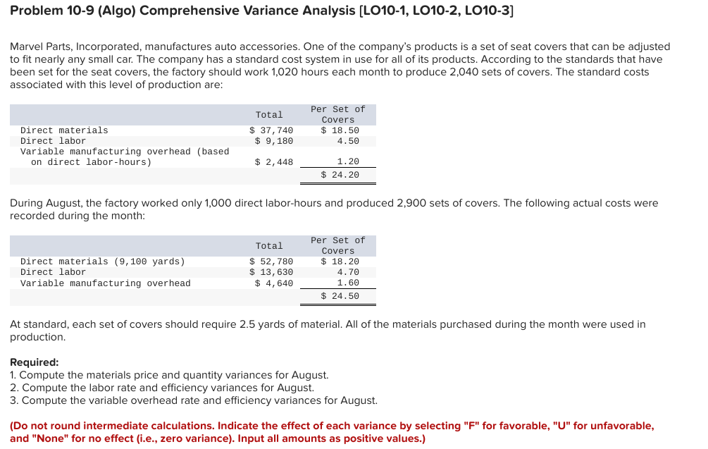 Solved Problem 10-9 (Algo) Comprehensive Variance Analysis | Chegg.com