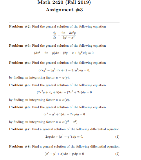Solved Math 2420 (Fall 2019) Assignment #3 Problem #2: Find | Chegg.com